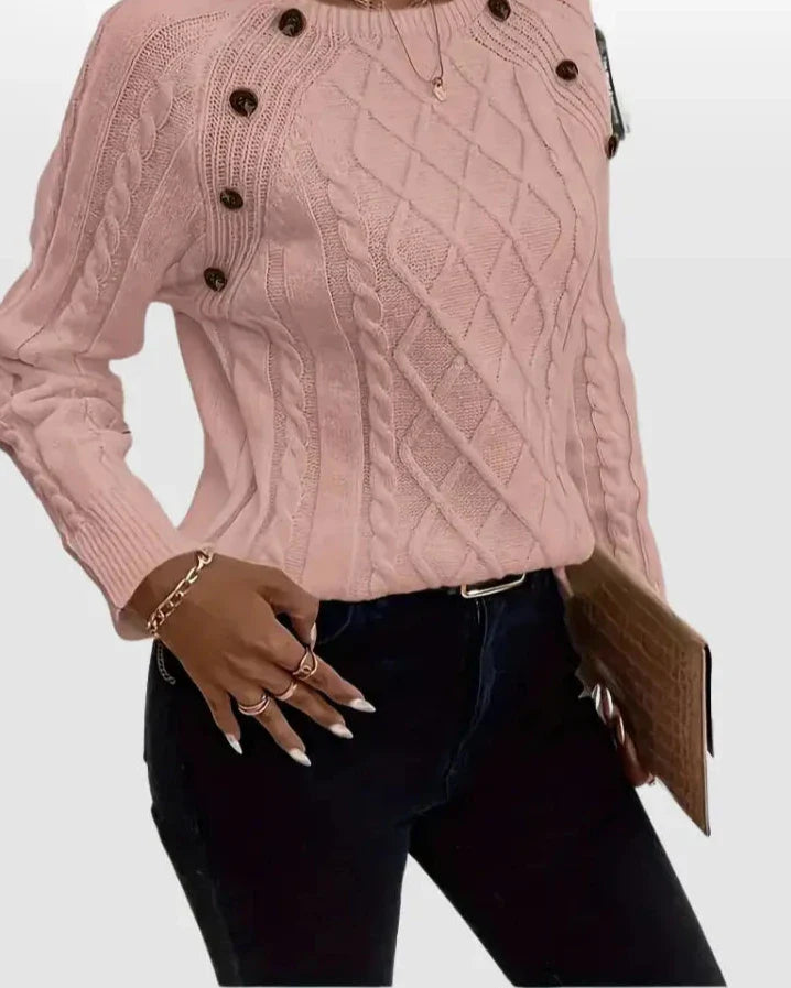 Rosa Strickpullover mit Zopfmuster und Knopfleiste - Emilia – Mialea
